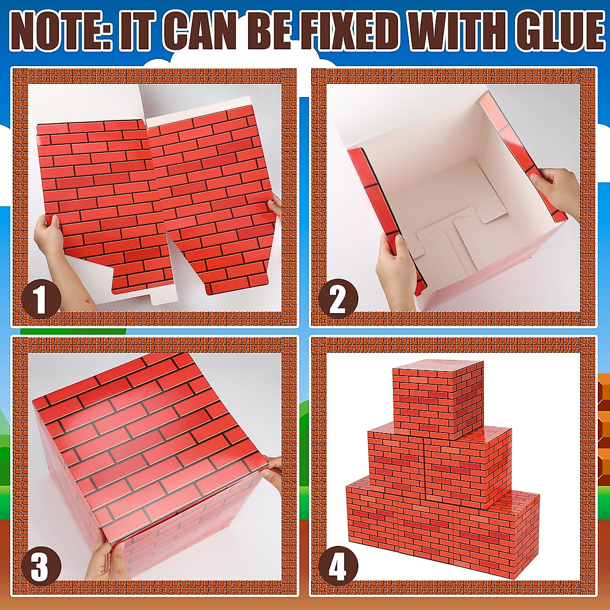 Outus 6 Pieces Video Game Brick Boxes 11.8 x 11.8 Inch Red Brick Cardboard Blocks Easter Mystery Boxes Props Brick Comic Theme Party Favor Supplies Video Game Party Decorations