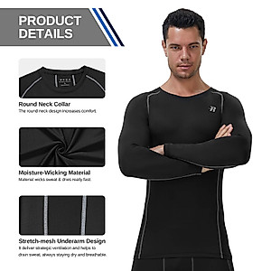 Runhit Long Sleeve Compression Shirts for Men (3 Pack) Athletic Workout Quick Dry Base Layer Shirt (XL,Black,Blue,Gray)