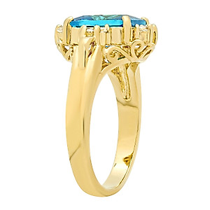 The Bling Factory Gold Plated Blue Emerald-Cut CZ Solitaire Ring w/CZ Accents, Size 8