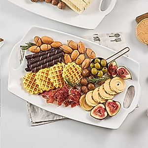 Serving Tray with Handles Large Rectangle Serving Platter for Entertainment, Party, Display, 16 inch Porcelain Platters, Set of 2, White