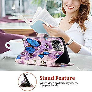 JanCalm Compatible with iPhone 12 Wallet Case/iPhone 12 Pro Wallet Case, Floral Pattern PU Leather [Wrist Strap][Card/Cash Slots] Stand Flip Cover for iPhone 12/12 Pro 6.1 inch (Butterfly/Purple)
