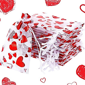 SIROGOGO 50 Pieces Heart Candy Bags Organza Jewelry Pouches, Pouch Drawstring Bags for Jewelry Packaging Valentine's Day Wedding Festival Party Supply, 10 x 8 cm
