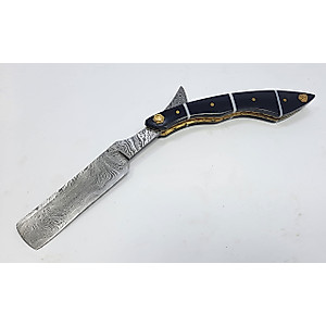 Qureshi Knifes Damascus Steel Straight Razor fixed Blade Camel Bone with Leather Sheath Belt Loop. STR-24001