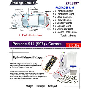 ZIYO ZPL8997 - (12 Bulbs) LED Interior Light Kit Replacement for Porsche 997 911 Carrera 2004-2012 + License Plate Light Bulbs Package, White Dome Lights Error Free