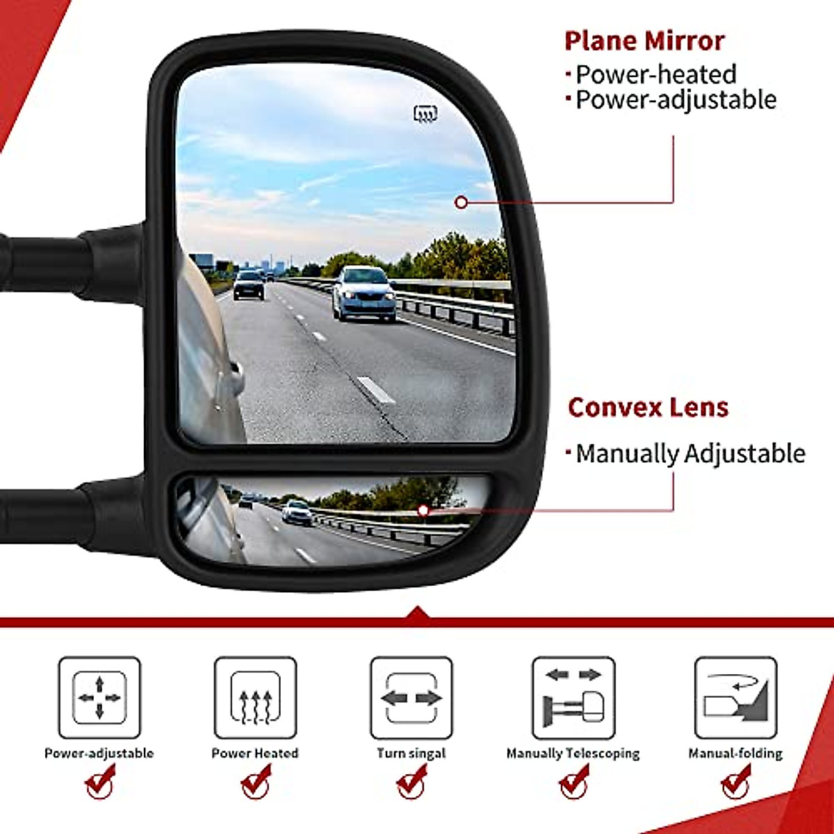 YITAMOTOR Tow Mirrors Compatible with 1999-2007 Ford F250 F350 F450 F550 Super Duty, 2001-2005 Ford Excursion Power Heated LED Signal Light Pair Set