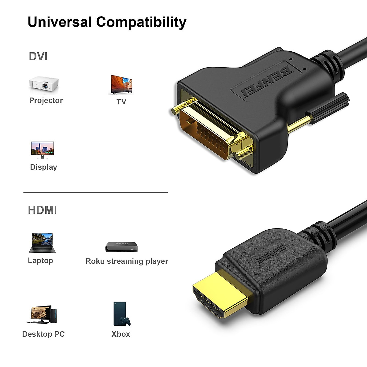 BENFEI HDMI to DVI, Bi Directional DVI-D 24+1 Male to HDMI Male High Speed Adapter Cable Support 1080P Full HD Compatible for Raspberry Pi, Roku, Xbox One, PS4 PS3, Graphics Card