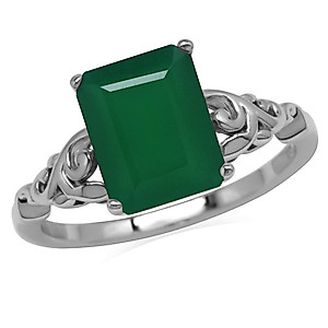 Silvershake 3.29 CTW 10X8mm Natural Octagon Shape Emerald Green Agate White Gold Plated 925 Sterling Silver Filigree Leaf Solitaire Ring May Gemstone Birthstone Size 6