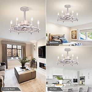 KINGTORO Rustic White Chandelier Ceiling Fans with Lights, 20.5" Wagon Wheel Chandelier,Adjustable Height,3 speeds,Fandelier with Lights and Remote for Kitchen Dining Room Living Room