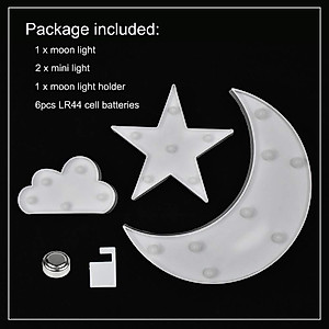 GUOCHENG Lovely White Moon Star Cloud Light Set Battery Operated LED Marquee Light Sign Warm White Bedside Lamps for Kids Children Bedroom Nursery, Baby Standing Night Light