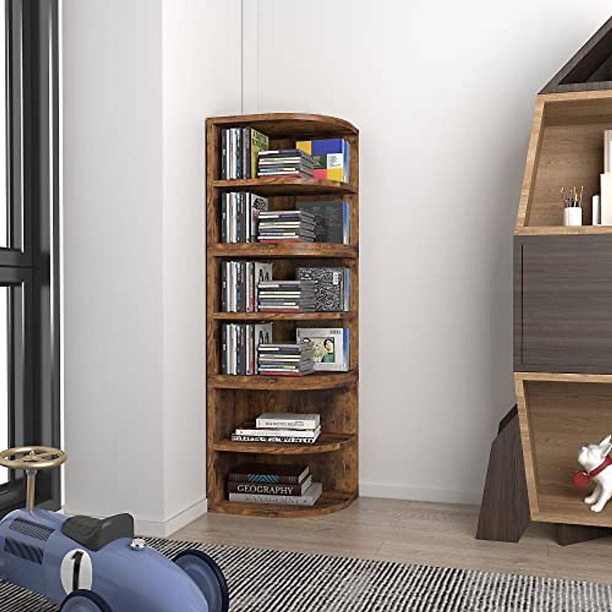 FUSUNBAO Magic DIY Cube Storage Organizer Stackable Cubles for Corner Bookshelf -Home Books Clothes Toy -Modular Cubby Storage System -Office Cubical -Bookcase (Antique Brown, Curved Shape Cube)