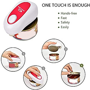 Kitchen Goods Electric Can Opener - One Touch Push of a Button, No Sharp Edge, Food Safe, Cordless Battery Operated, Portable Handheld and Easy to Operate for Adults & Seniors - White & Red