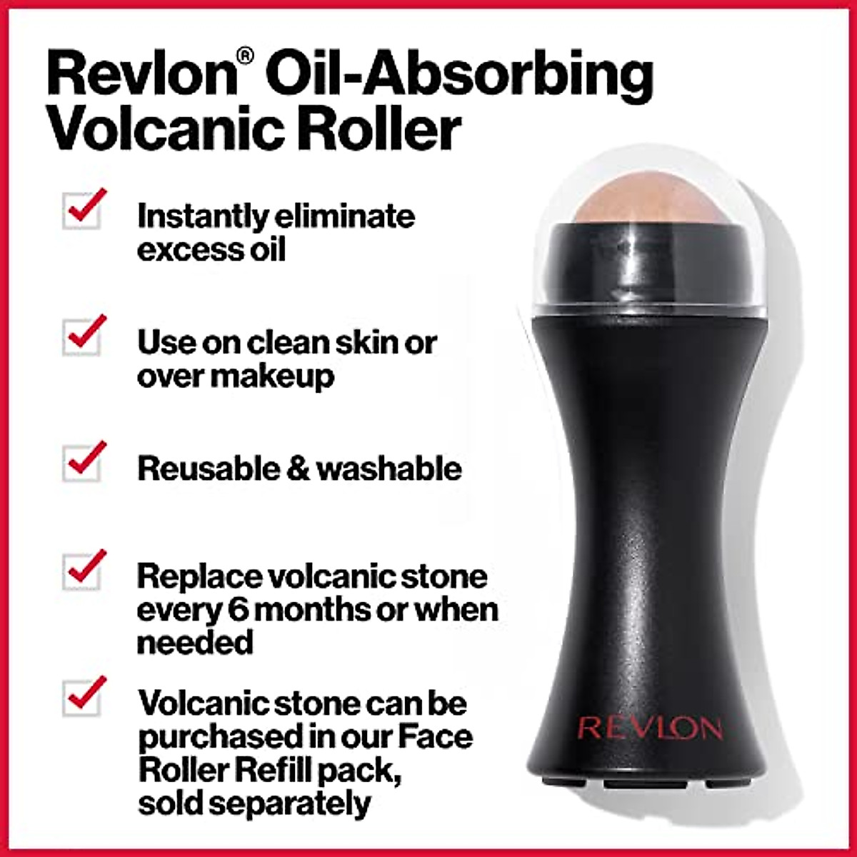 Face Roller by Revlon, Oily Skin Control for Face Makeup, Oil Absorbing, Volcanic Reusable Facial Skincare Tool for At-Home or On-the-Go Mini Massage
