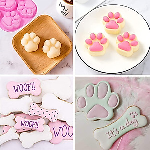 2 in 1 Silicone Molds，2 Pack Silicone Puppy Paw Print & Dog Bone Shaped Molds ，with 3 Packs Stainless Steel Bone Cookie Cutter-Blue&Pink-Set of 5