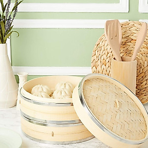 Juvale 2-Tier 10 Inch Bamboo Steamer Basket with Steel Rings - Large Capacity Dumpling, Vegetable Steamer Basket (10x6.5x10 in)