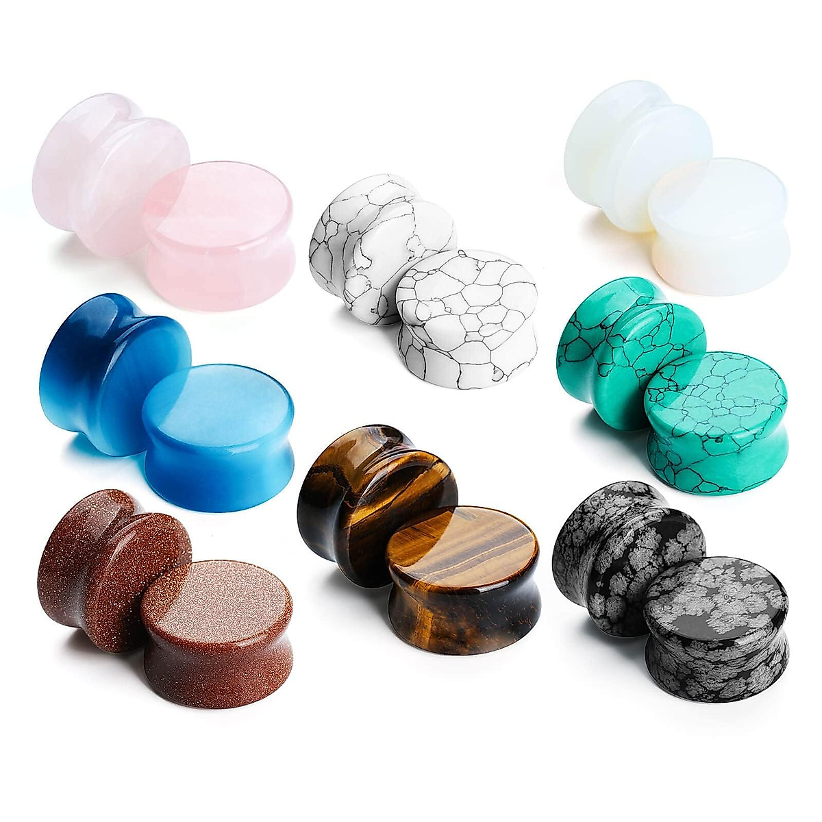 CABBE KALLO Natural Stone Ear Plugs Stretching Gauges Kit,16Pcs Mixed 6MM-20MM Saddle Double Flare Tunnel Unisex Earrings Ear Gauges, Tunnel Plug, Gauges for Women Stone Ear Tunnels & Saddle Plugs Set Ear Gauge Stretching Kit(1/2" (12mm))