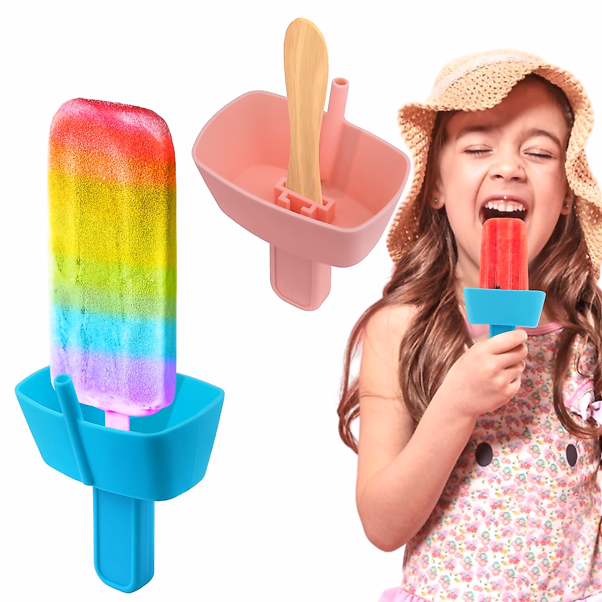 AIERSA 2PCS Silicone Popsicle Holders for Kids No Drip, Reusable Mess Free Ice Pop Stick Holder with Built in Straw for Sucking Up Melted Frozen Treats for Toddlers, Baby, Kids