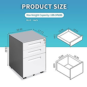 3-Drawer Mobile File Cabinet with Lock, Office Storage Filing Cabinet for Legal/Letter Size, Pre-Assembled Metal File Cabinet Except Wheels Under Desk (White+Gray)