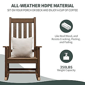Marcytop Outdoor Indoor Rocking Chair, HDPE Poly Rocking Chair with Wide Contoured Seat, Support up to 350 lbs, Low Maintenance and Weather Resistance Oversized Porch Rocker, Bright Brown