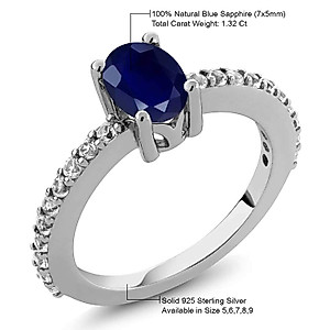 Gem Stone King 925 Sterling Silver Blue Sapphire and White Created Sapphire Women's Engagement Ring (1.32 Cttw, Oval 7X5MM, Available in Size 5,6,7,8,9)