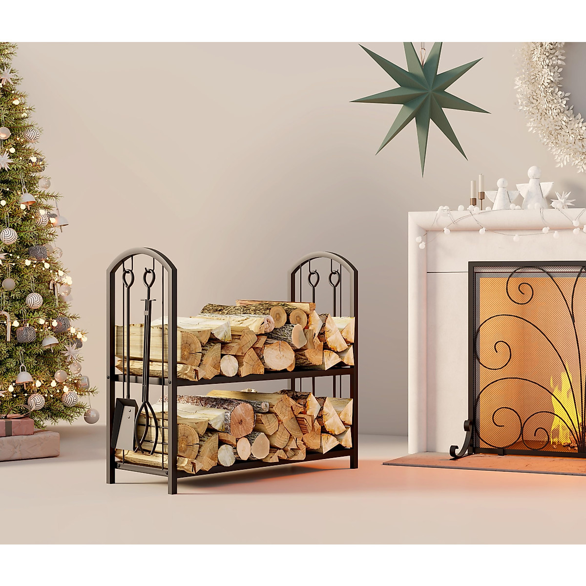 Fire Beauty Fireplace Firewood Log Rack 5-Piece Storage Logs Holder with Tools Set with 4 Tools Set Fireside Holders Wood Lumber Storage Stacking Black