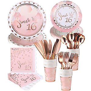 Rose Gold Sweet 16 Birthday Decorations for Girls - Serves 16 - Includes Sweet 16th Plates and Napkins Party Supplies Cups Cutlery for Sweet Sixteen Party
