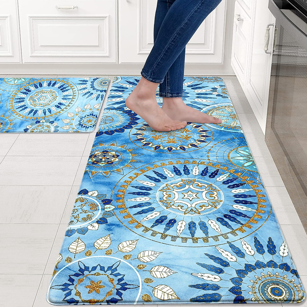FRAMICS Boho Kitchen Rugs and Mats Cushioned Anti-Fatigue Kitchen Rug, Waterproof Non-Slip Kitchen Mats and Rugs, Memory Foam Bohemian Kitchen Floor Mat for Home Office Laundry, 18" x 48" + 18" x 30"