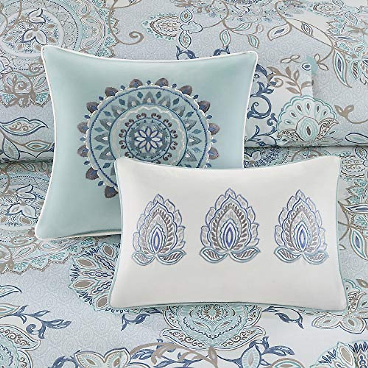 Madison Park Season Set, Matching Bed Skirt, Decorative-Pillows, Queen(90"x90"), Isla, Floral Medallion Blue 8 Piece