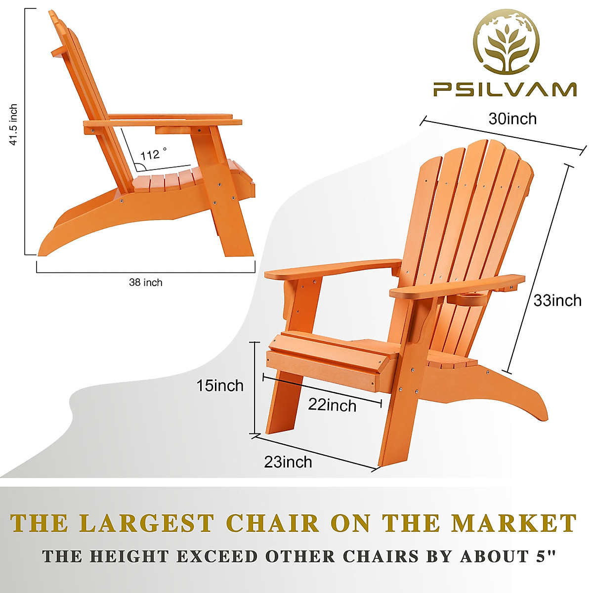 Psilvam Adirondack Chair, Oversized Poly Lumber Fire Pit Chair with Cup Holder, 350Lbs Support Patio Chairs for Garden, Weather Resistant Outdoors Seating, Relaxing Gift for Father & Mother (Orange)