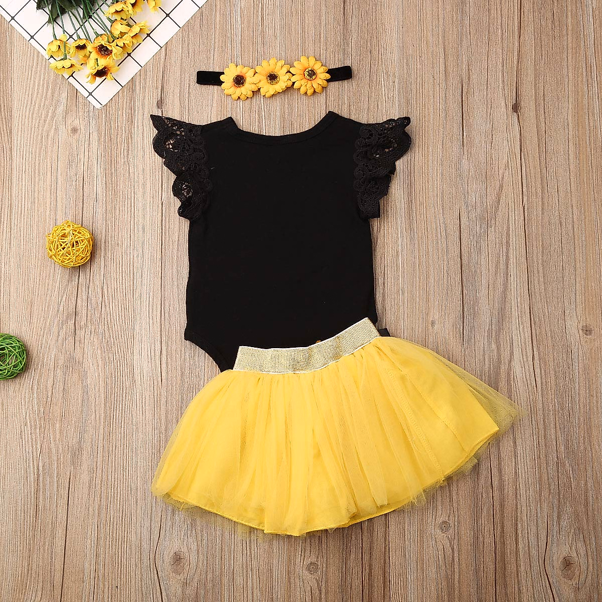 MA&BABY Newborn Girls 1st Birthday Outfit Ruffled Floral One Romper Yellow Tutu Skirt Dress First Birthday Girl Outfit (Black+Yellow, 12-18Months)