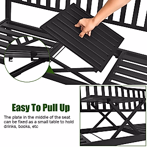 Giantex Patio Bench w/Pullout Middle Table, Outdoor Benches, Garden Bench, Front Porch Bench, Pool Deck Bench, Loveseat Chair, Patio Seating for 2-3 Person, Metal Benches for Outside (Black)