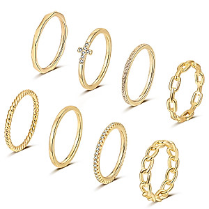 TOBENY 8PCS 14K Gold Plated Stacking Rings for Women Gold Silver Knuckle Stackable Rings Size 4 to Size 11 1.5mm/2mm/3.8mm Eternity Wedding Band Rings