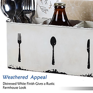 NIKKY HOME Utensil Caddy, Farmhouse Rustic Metal Cutlery Silverware Caddy with 4 Compartments, Flatware Holder Organizer for Kitchen Countertop, Picnics, Party, Camping, Outdoor - Distressed White