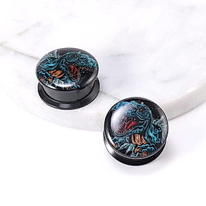 POBAISITER 1 Pair Acrylic Solid Screw On Ear Gauges Jurassic Dinosaur Tyrannosaurus Roar 2g- 1 Inch LOGO Drawing Allergy Free For Women For Men Body Piercing Jewelry