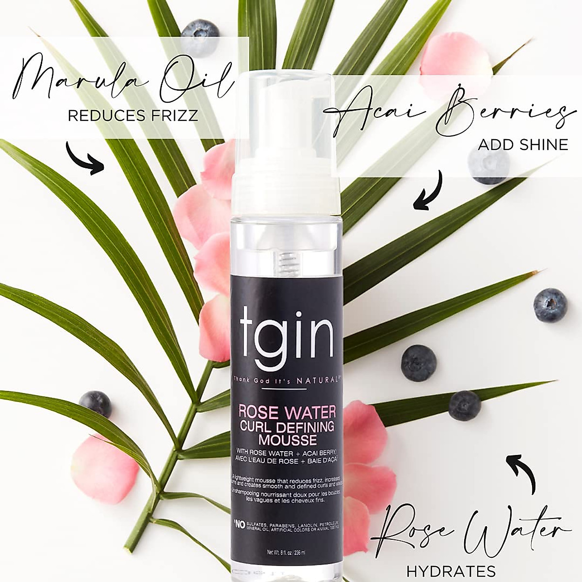 tgin Rose Water Defining Mousse for Curly, Coily and Wavy Hair, Moisturizes and Defines Curls, 8 fl oz
