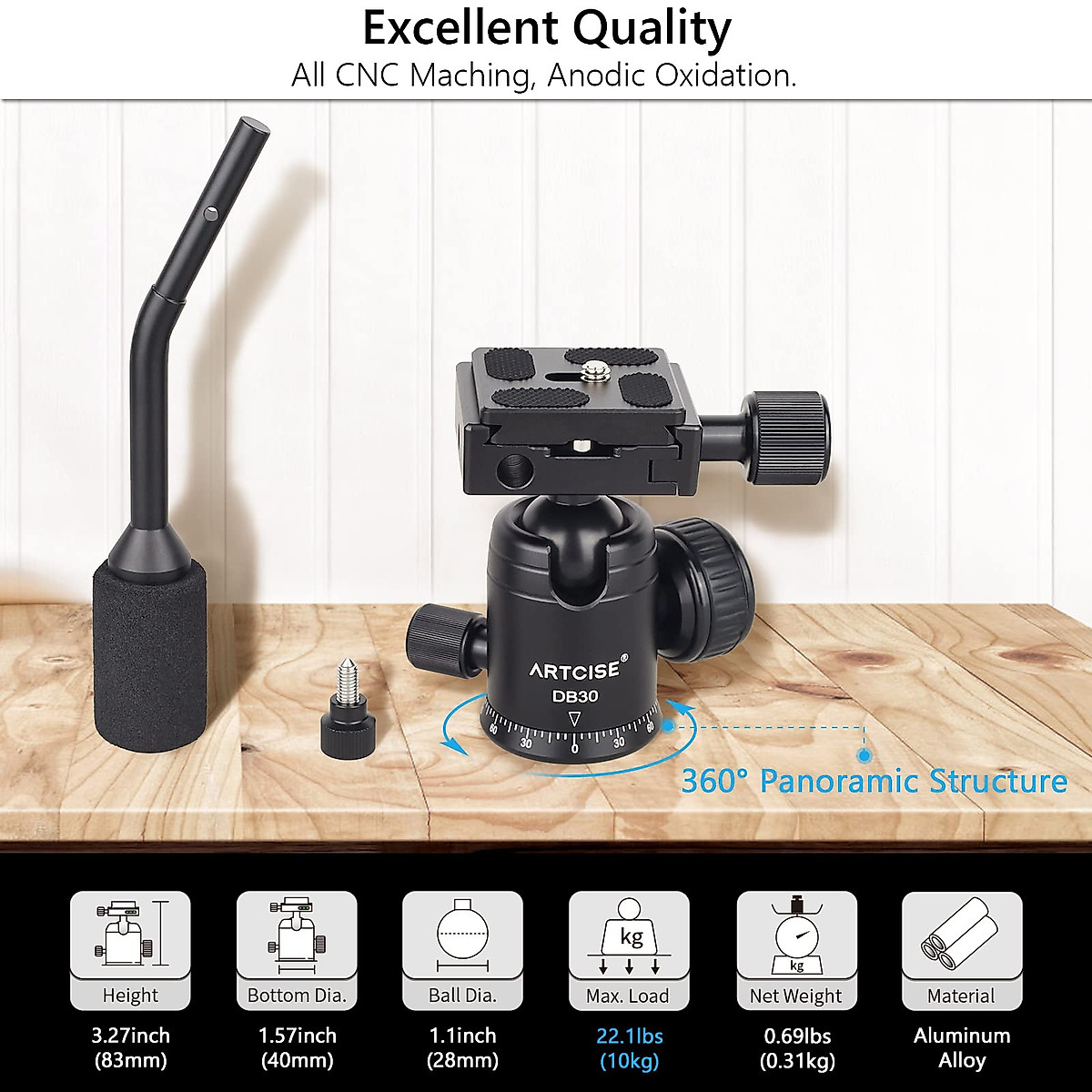 Ball Head with Handle All Metal CNC Panoramic Tripod Ball Head Camera Mount Ball Head with Two Quick Release Plates for Tripod, DSLR, Camcorder, Telescope，Max Load 22lbs/10kg（Black）