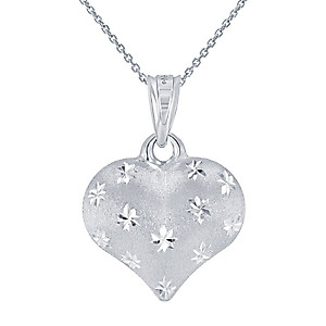 Jewelry America Polished 14K White Gold Satin Heart with Star Texture Charm Penadant Necklace, 18"