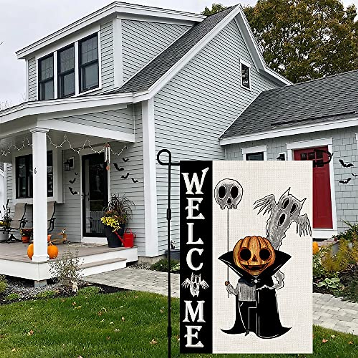 Halloween Welcome Garden Flag Burlap Double Sided Vertical 12×18 Inch Spooky White Ghost Jack Lantern Pumpkin Yard Decor DF108