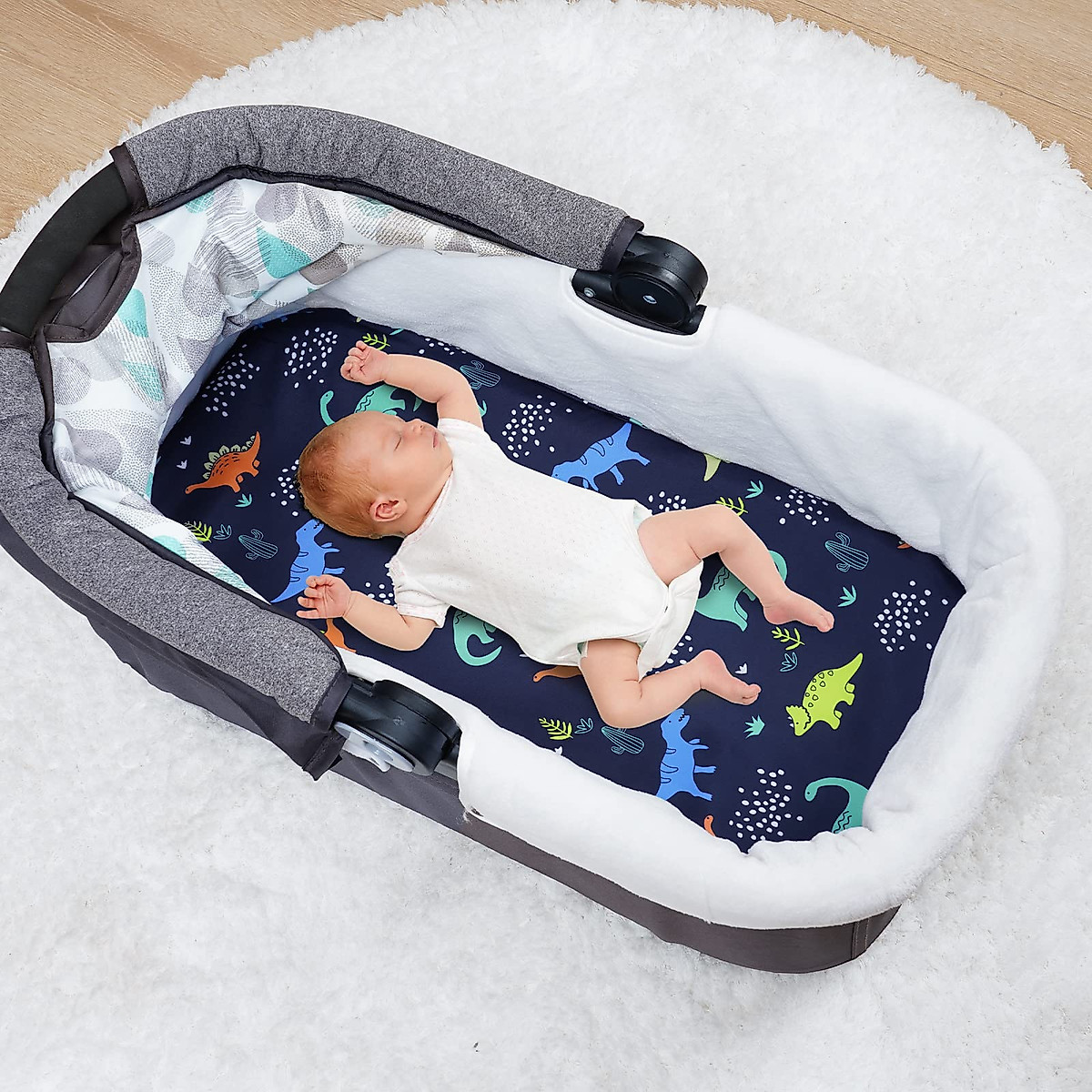 PHF 3 Pack Soft Bassinet Sheets, Dinosaur Comfy Polyester Cradle Sheets for Baby Boys Girls, Universal Fit for Most Cradle and Bassinet Mattress, Navy Dinosaur