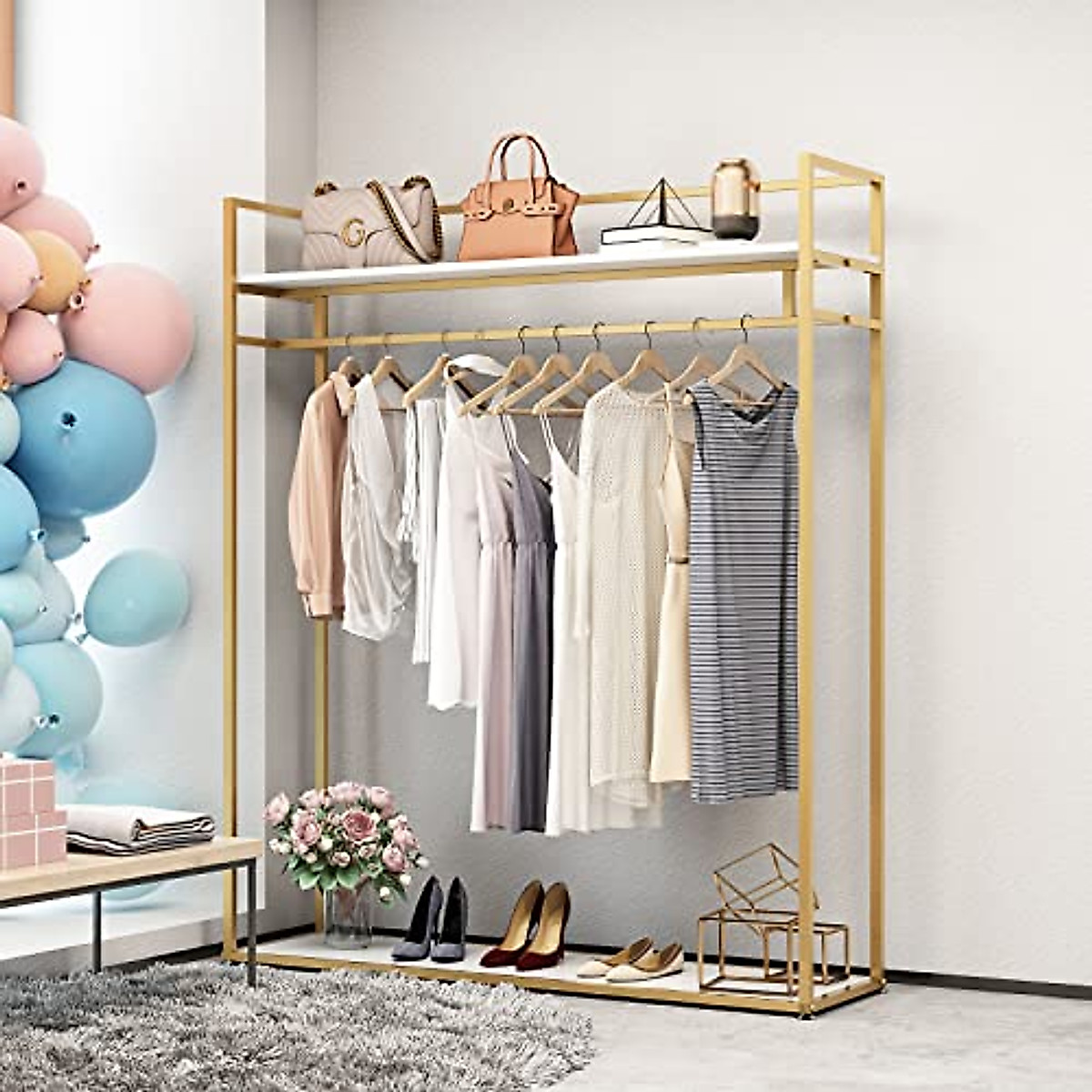 FONECHIN Heavy Duty Clothing Rack with Shelves for Hanging Clothing, Gold Metal Freestanding Garment Rack for Retail Display (59" L)