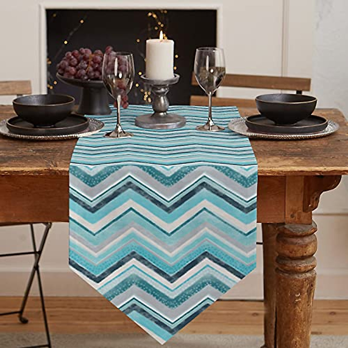 Big buy store Table Runner Zig Zag Chevron Wave Stripe Cotton Line Table Covers for Dinner Kitchen Wedding Indoor and Outdoor Parties Turquoise Nordic Style Table Setting Decor -13 x 72 inch