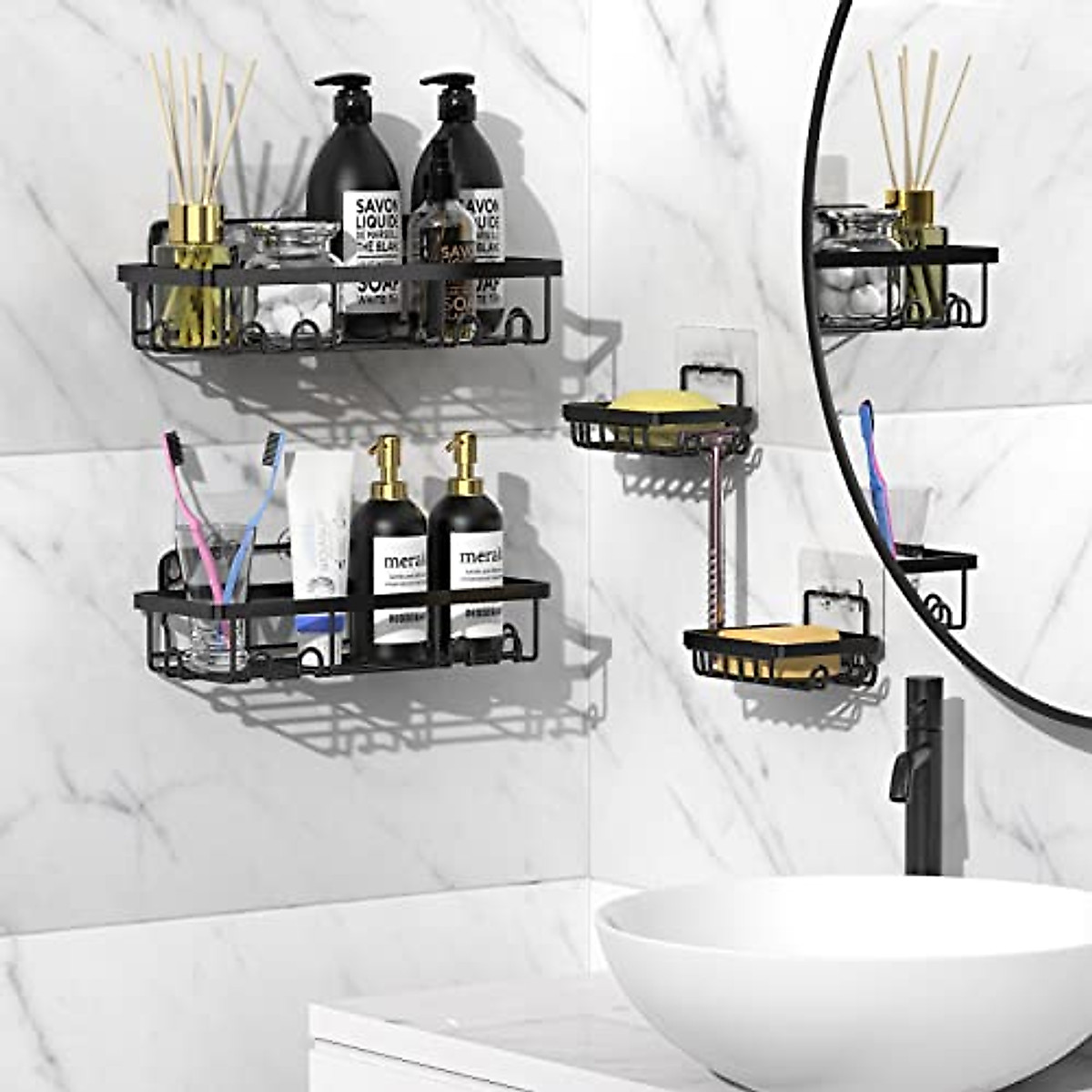 MOKANI Shower Caddy Basket Shelf with Soap Dishes-4 Packs,No Drilling Adhesive Shower Caddy Shelf Organizer with Hooks,Rustproof Bathroom Shelf for Bathroom Kitchen