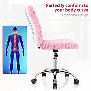 Giantex Faux Fur Office Chair, Armless Home Desk Chair, Height Adjustable Swivel Cute Chair, Middle Back Chair w/Chrome Base, Modern Fuzzy Vanity Chair, Rolling Task Chair for Study Bedroom (Pink)
