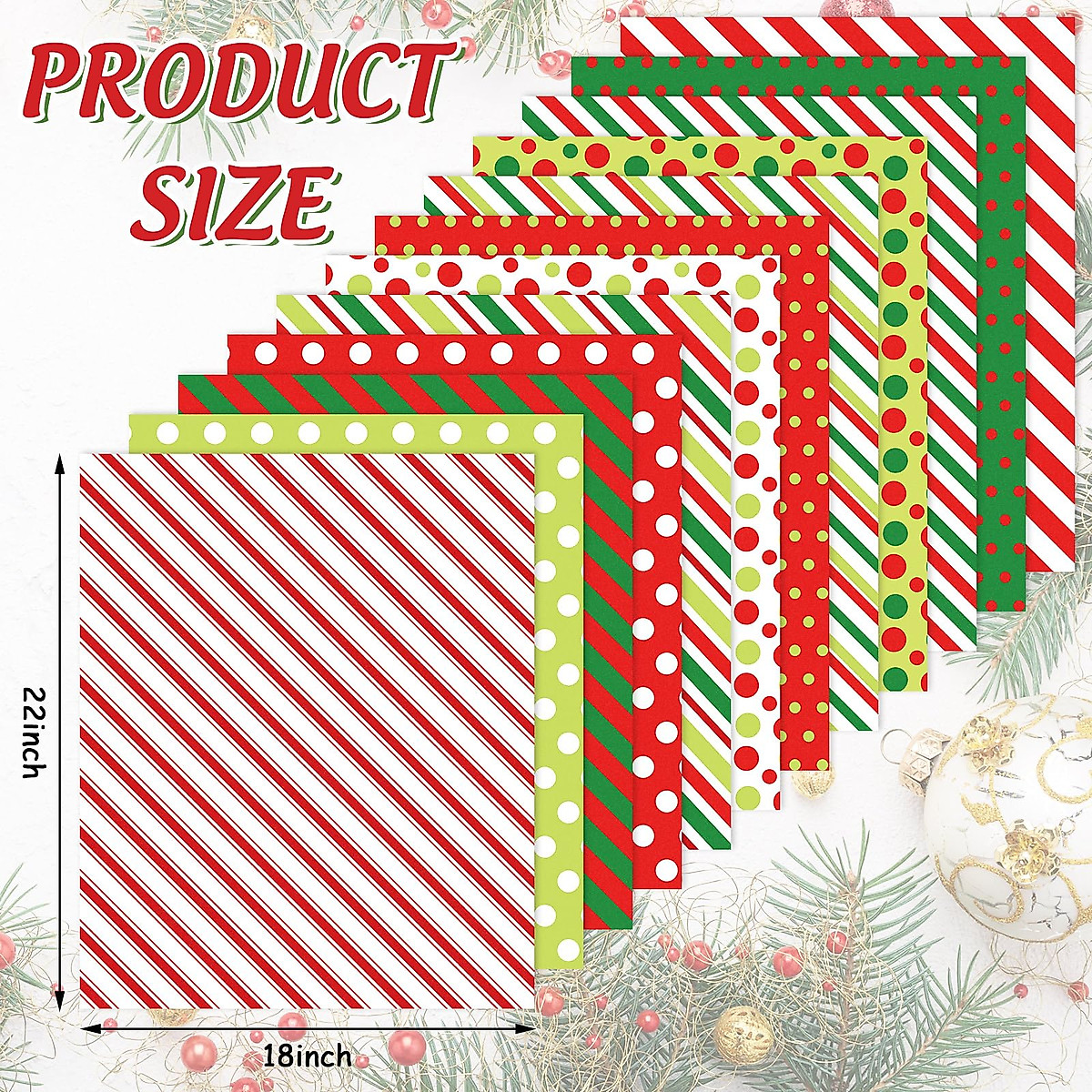 Whaline 12Pcs Christmas Cotton Fabric Bundles Red Green Stripe Dot Printed Fat Quarters Xmas Sewing Fabrics for DIY Handmade Crafting, 18 x 22 Inch