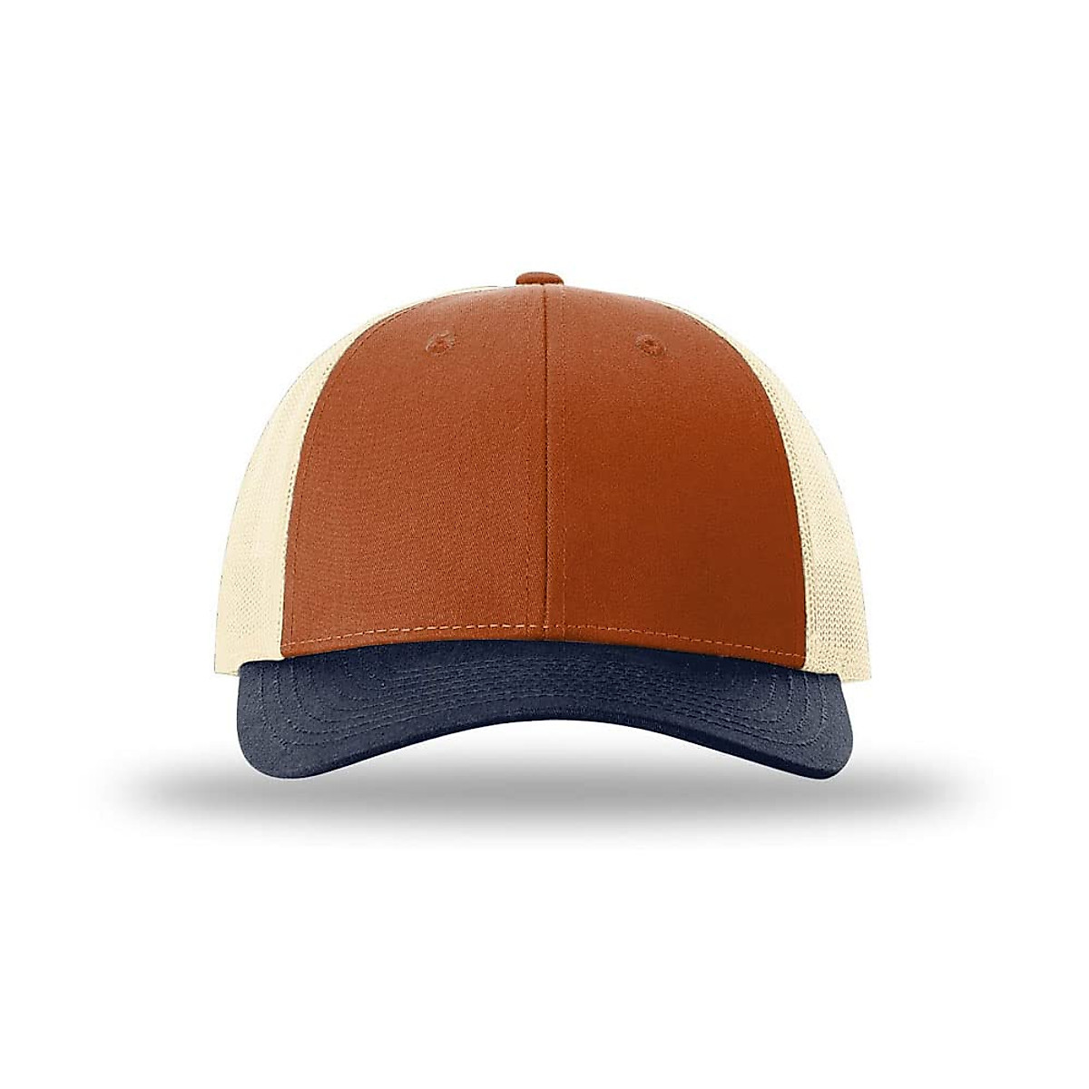 Richardson 115 Low-Profile Classic Trucker Snapback Hat Bundle with THP Hat & Clothing Brush (Dark Orange/Birch/Navy)