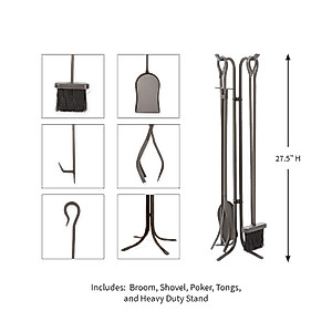 Plow & Hearth 5 Piece Hand Forged Iron Fireplace Tool Set with Poker | Tongs | Shovel | Broom | and Stand 7-in Diam. x 27.5 H Black