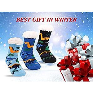 Winter Fuzzy Slipper Socks Kids Girls Boys Fluffy Sherpa Fleece Lined Holiday Christmas Cabin Thermal Warm Soft Cozy Toddler Gripper Non Skid Dinosaur, Stocking Stuffers for Children, Gift for Baby