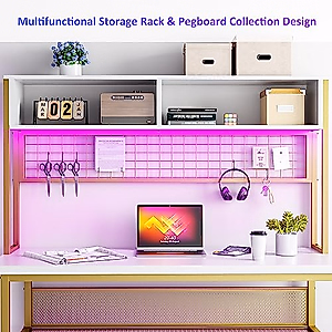 Unikito Modern Reversible L-Shaped Desk with Hutch, 60"W x 60"D x 72"H, 3 Desktops, RGB LED Strip Lights, Smart App Control, Monitor Stand, 4 Power Outlets, 2 USB Charging Ports, Grid Design