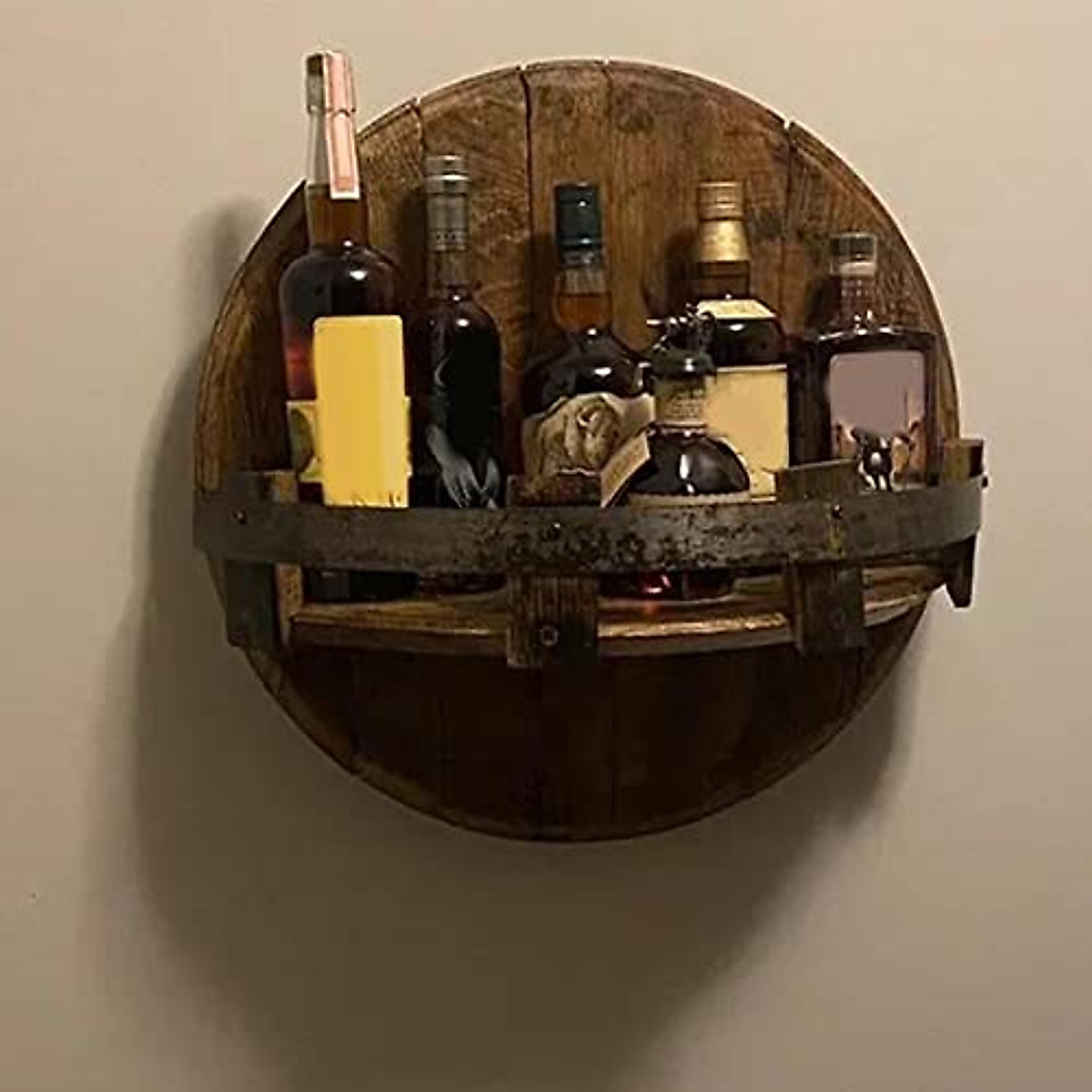 Whiskey Barrel Shelf Hand Crafted Liquor Bottle Display Vintage Round Wine Shelf Wooden Wall Mounted Wine Rack 7 Wine Bottle Round Shelf Wall Display Decoration for Home Bar Kitchen Cabinet