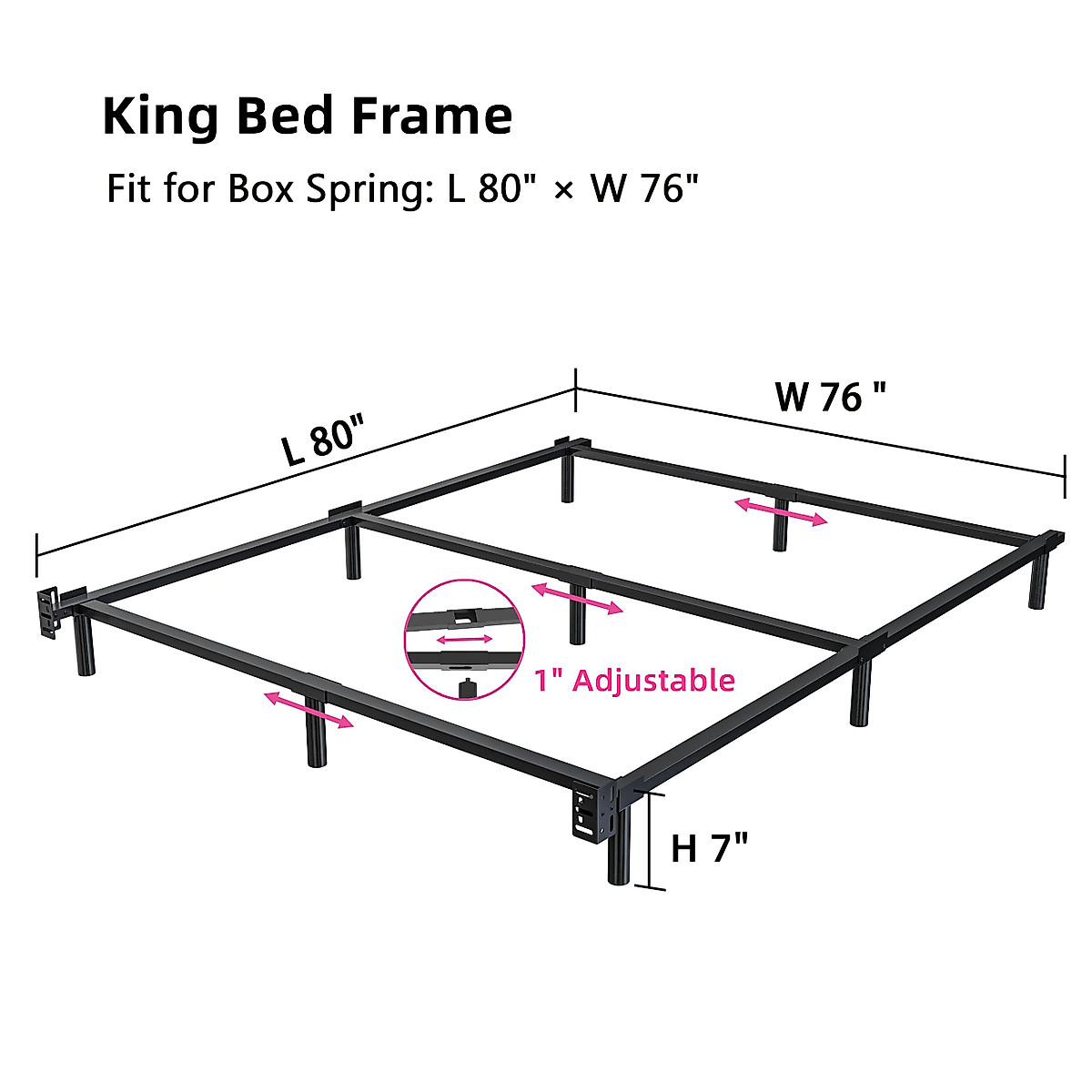 THEOCORATE King Size Bed Frame, 7 Inch Metal Basics Bed Frame, Low Profile Base for Box Spring, 9-Leg Support, Noise-Free, Easy Assembly, Black