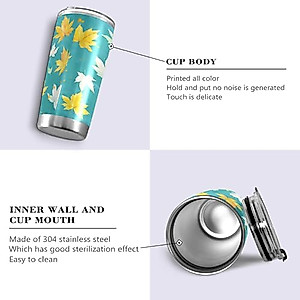 Watercolor White Yellow Maple Leaves Turquoise Stainless Steel reusable coffee cups with lids with Straw Lid coffee mug spill proof for travel simply modern insulated tumbler with lid termos